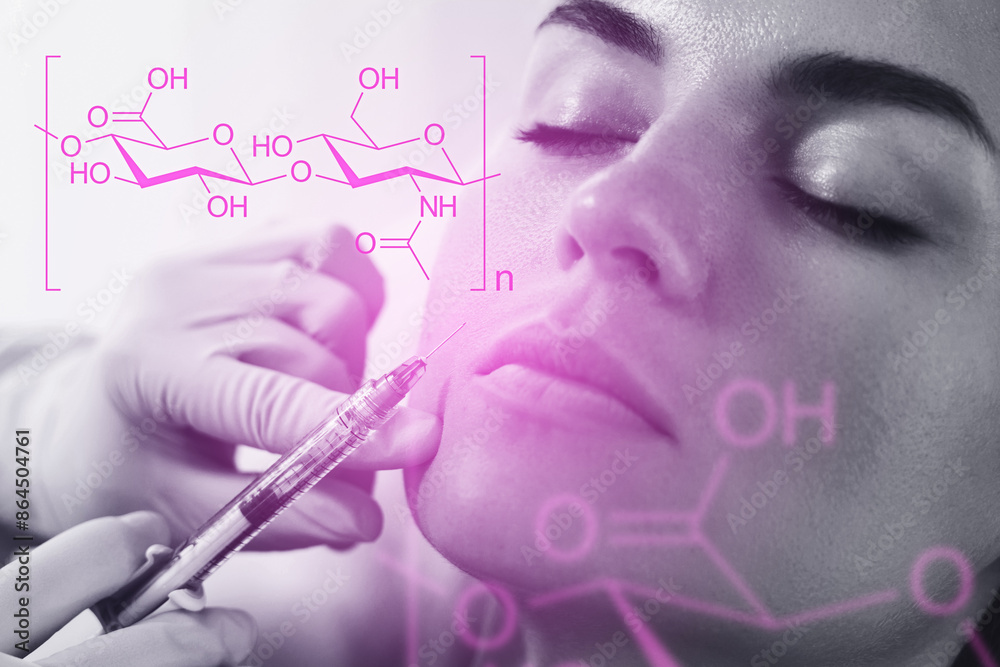 Woman Receiving Filler Injections with Hyaluronic Acid Formula Overlay ...
