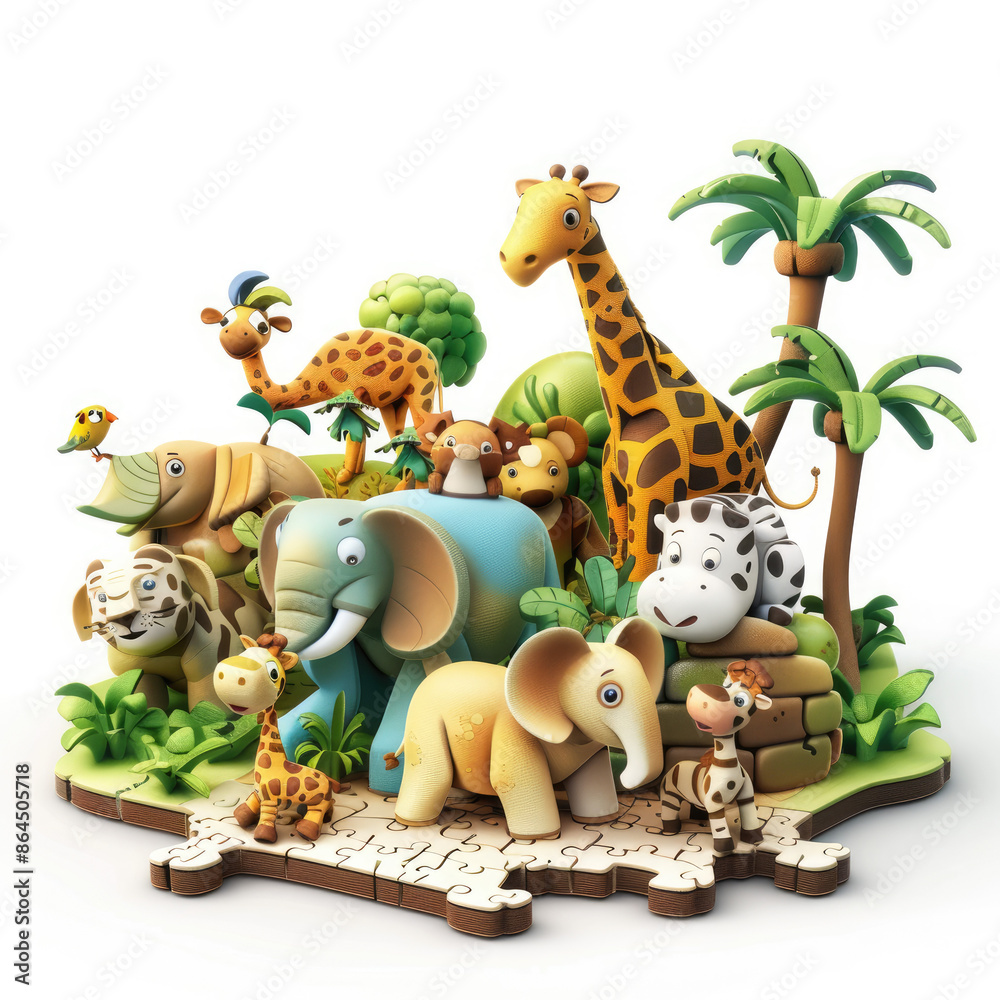 3D funny cartoon zoo close-up, isolated on a white background. Print ...