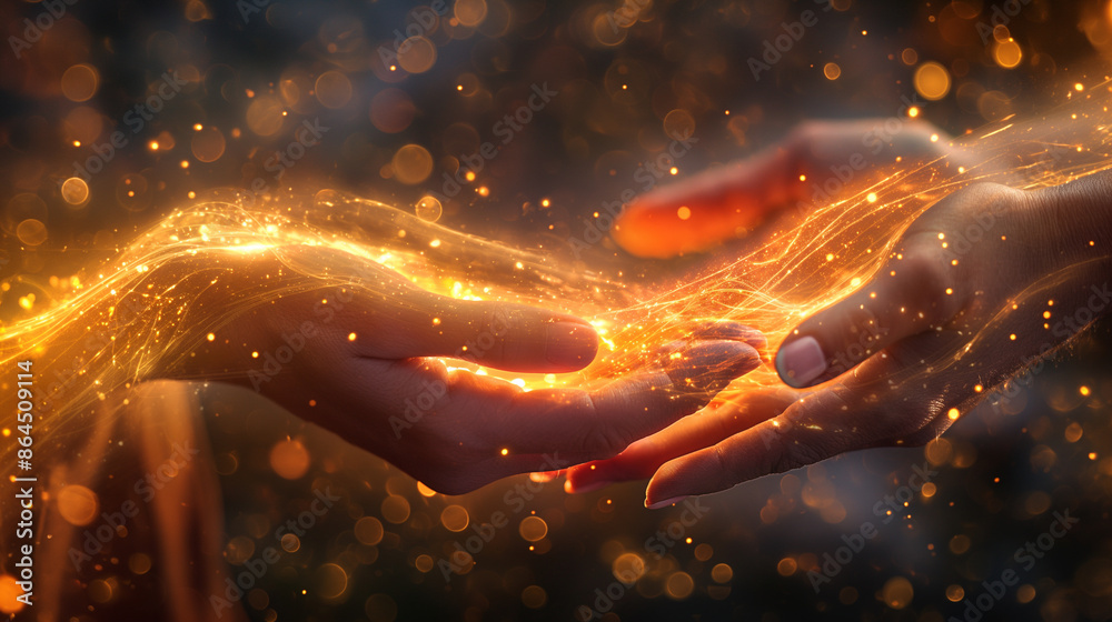 Witch laying hands on a person, radiant energy flowing between them ...