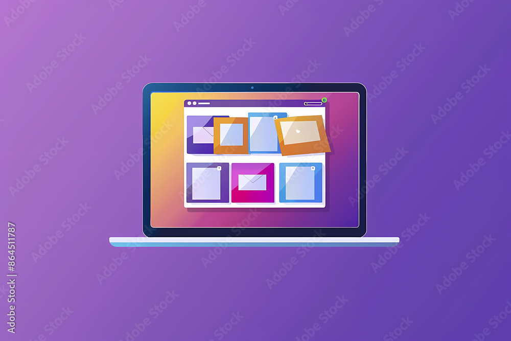 Flat illustration of open laptop with taskbar on the violet background ...