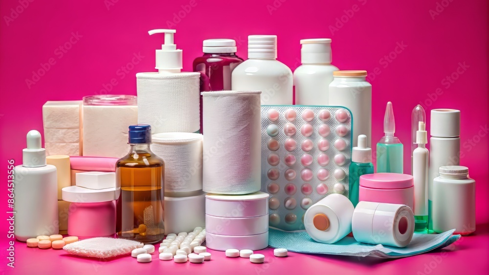 Assorted medications and personal care products, including tablets ...