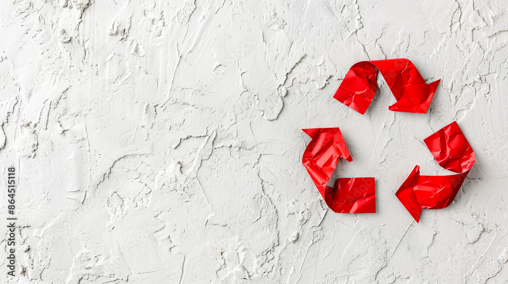 Red recycling symbol made of crumpled paper on a white background ...
