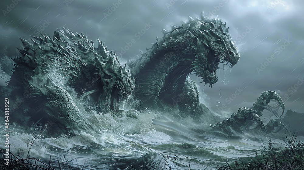 A giant sea serpent emerges from the stormy sea, its massive body ...