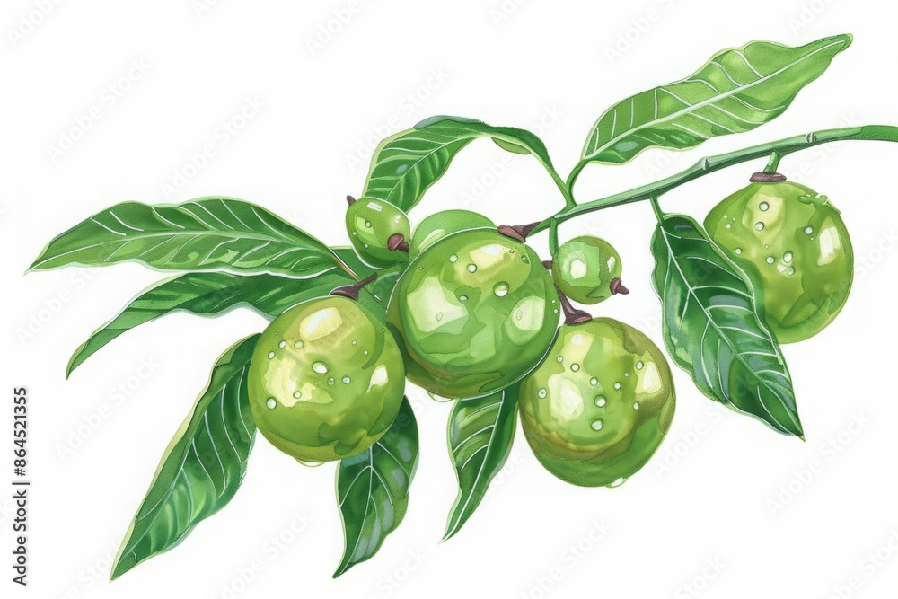 Branch of green amla fruits with leaves and water droplets. Realistic ...
