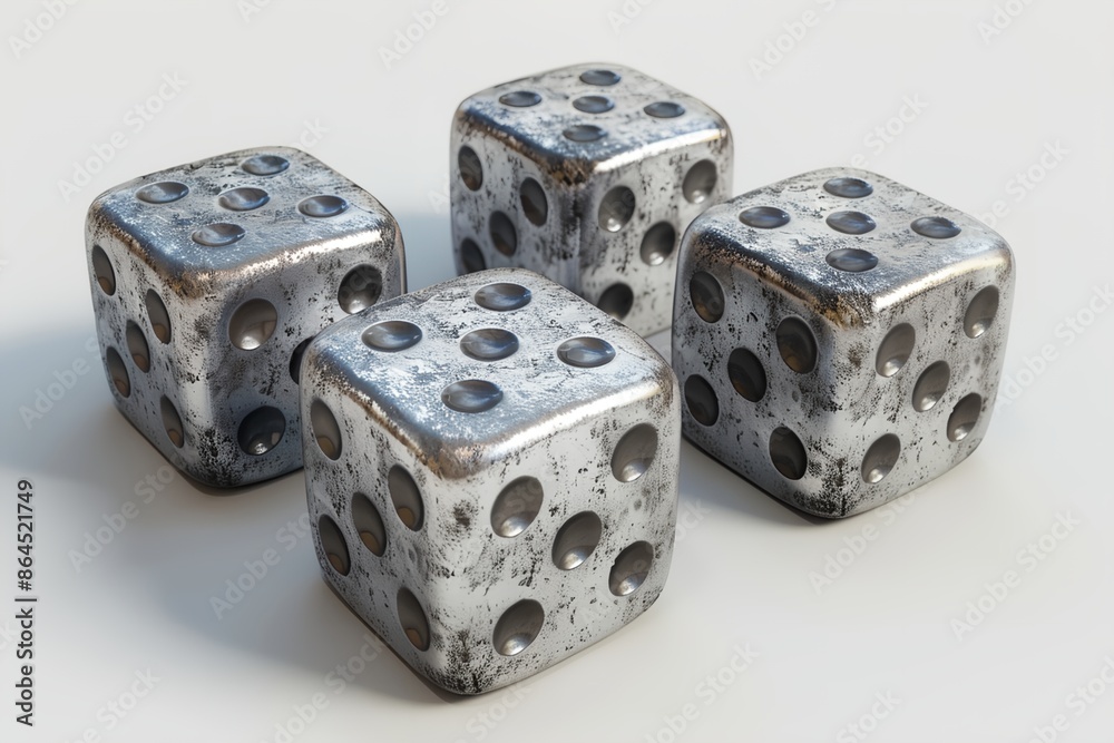 Four silver dice are sitting on a white background. The dice are all ...