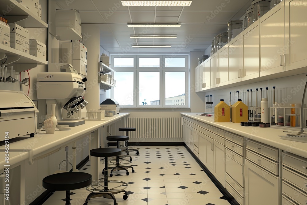 a large kitchen with a lot of counter space, Render a 3D model of a ...