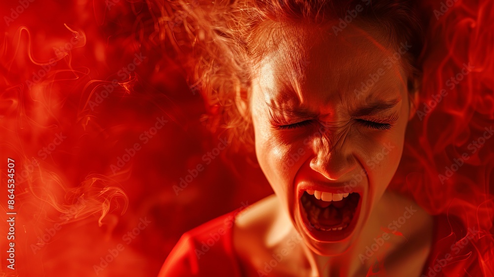 angry woman screaming with closed eyes in red abstract style ...