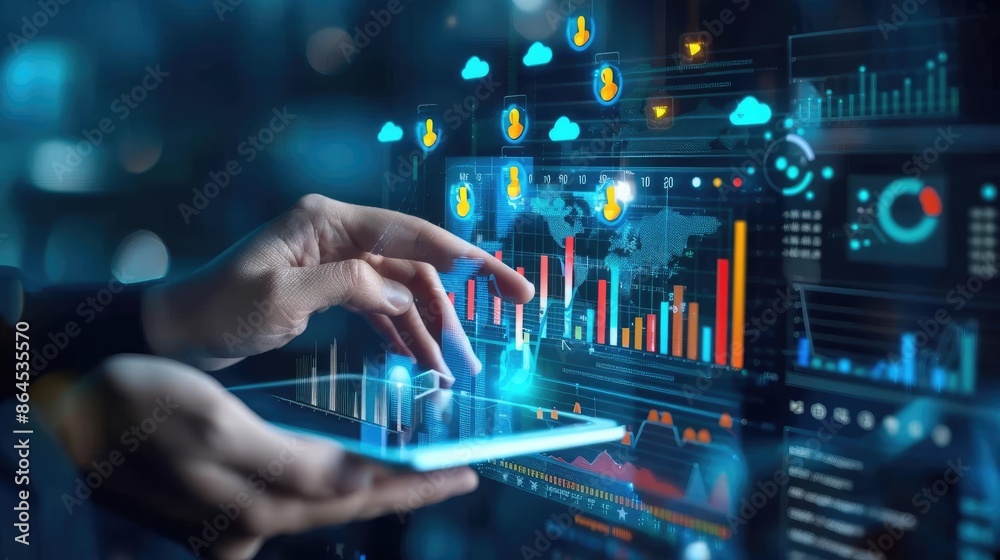 Financial Forecast Hands adjusting a virtual bar chart with weather ...