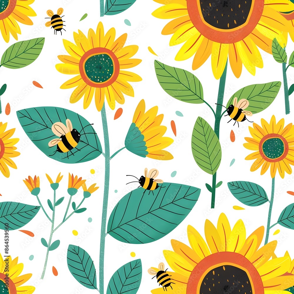 charming clipart of a sunflower garden with bees chirping, a pattern ...