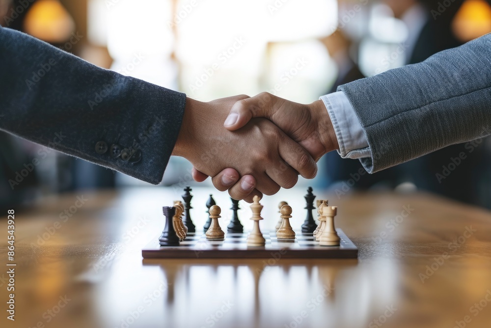 two men shaking hands over a chess board, Two individuals shaking hands ...