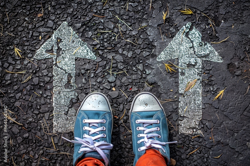 Feet wearing blue sneakers stand on an asphalt surface, with arrows ...