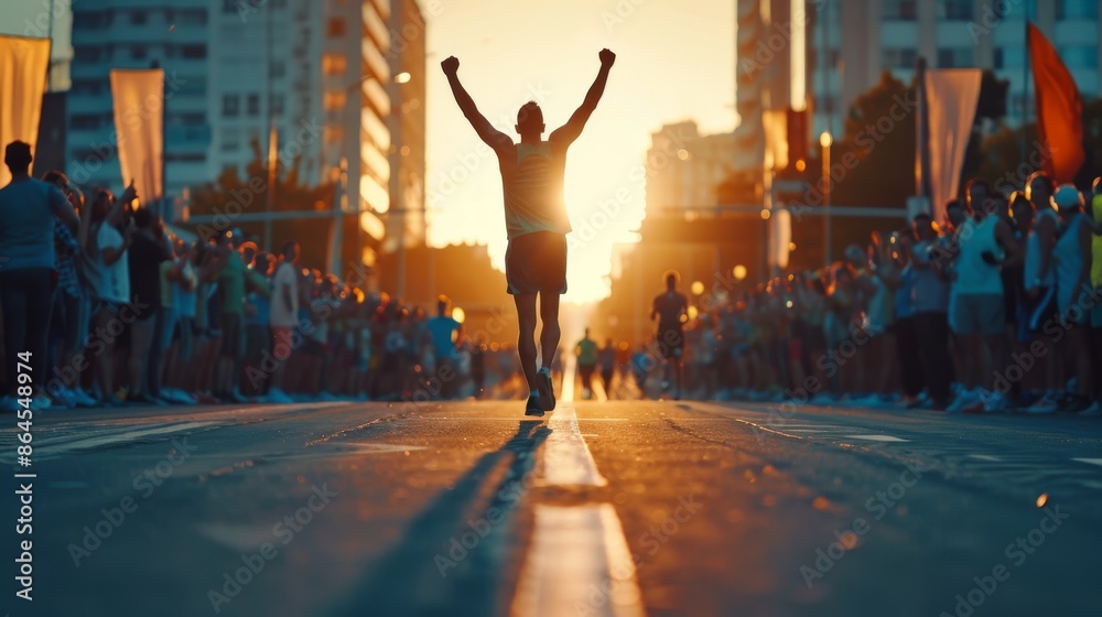 Dynamic image of an athlete running first to the finish line, arms ...