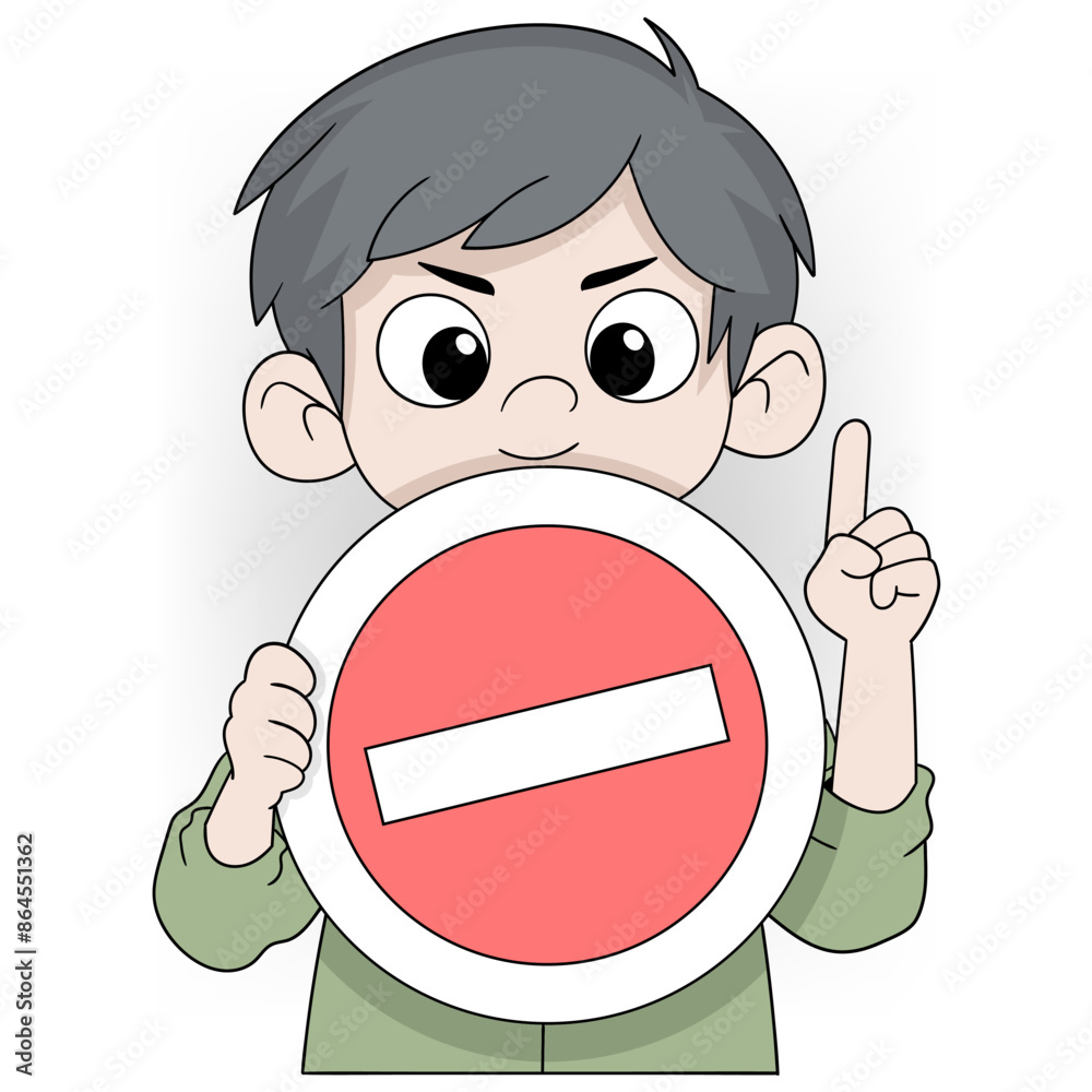 Cartoon Boy Holding No Entry Sign Illustration Stock Vector | Adobe Stock