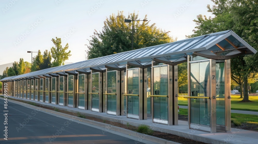 Foto de line of eco-friendly bus stops with roofs made from recycled ...
