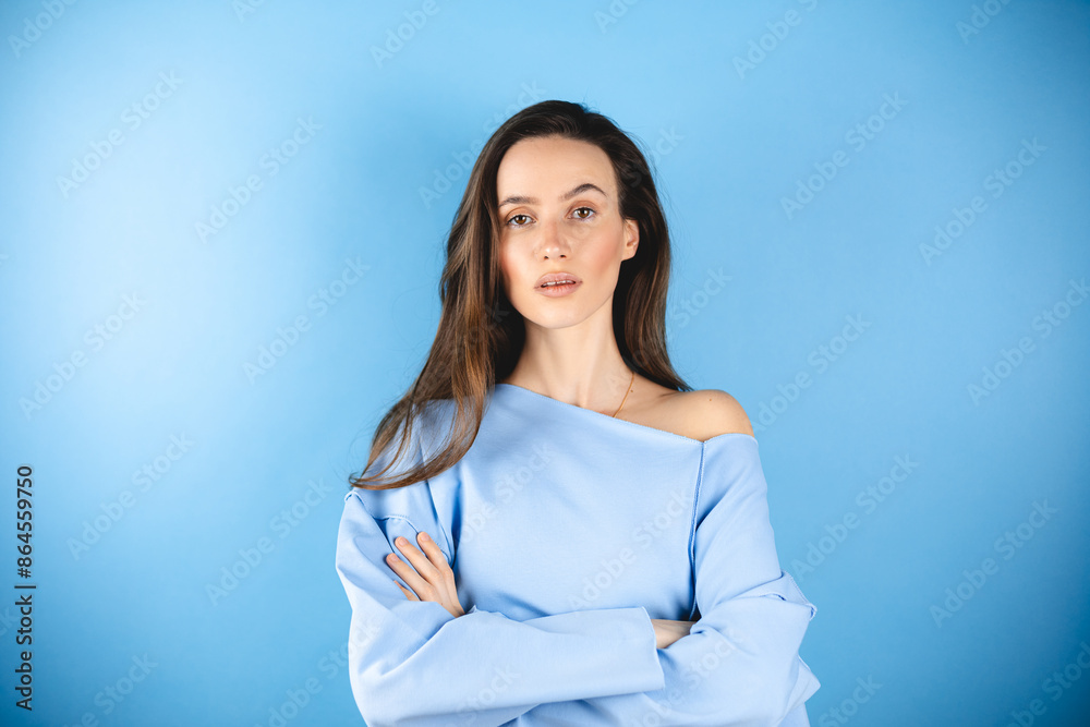 Caucasian woman with no expression, cross hands. ID or passport photo ...