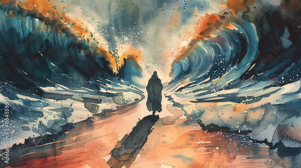 Watercolor illustration of Moses parting the Red Sea, showing dramatic ...