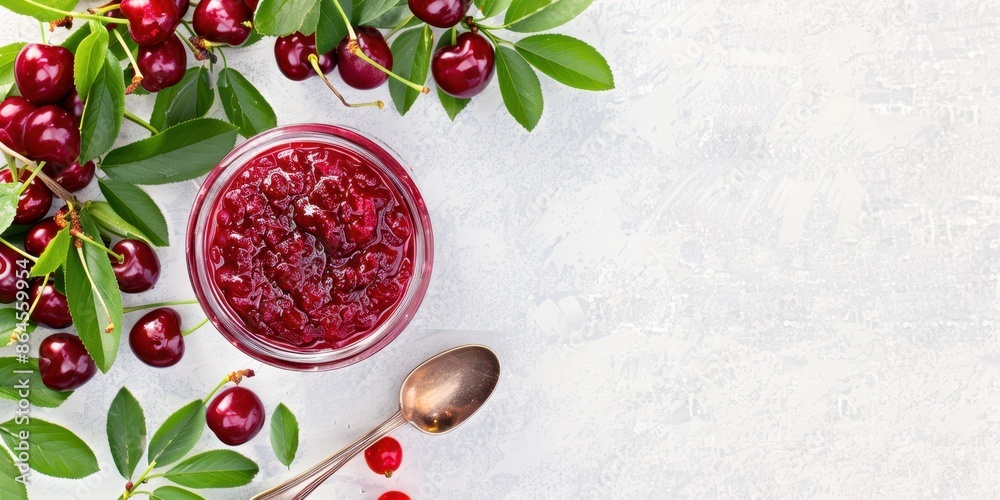 Jar of cherry jam surrounded by fresh cherries and green leaves on a ...