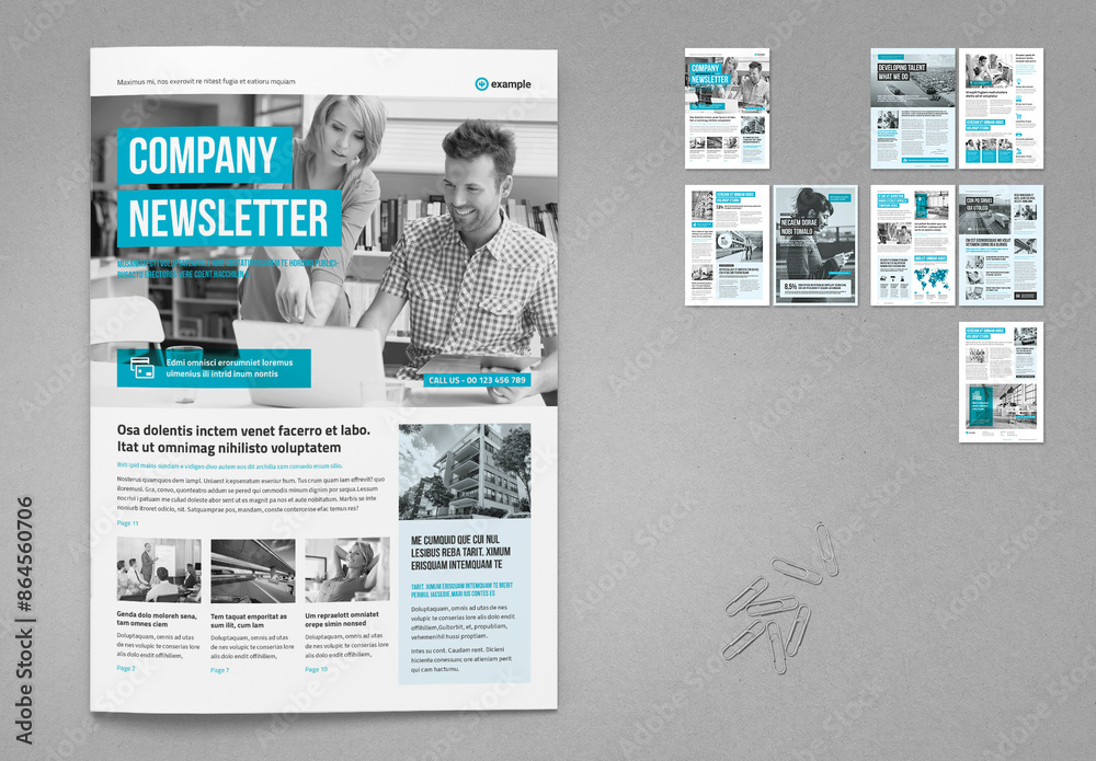 Newsletter Template in Black and White with Pale Blue Elements Stock ...