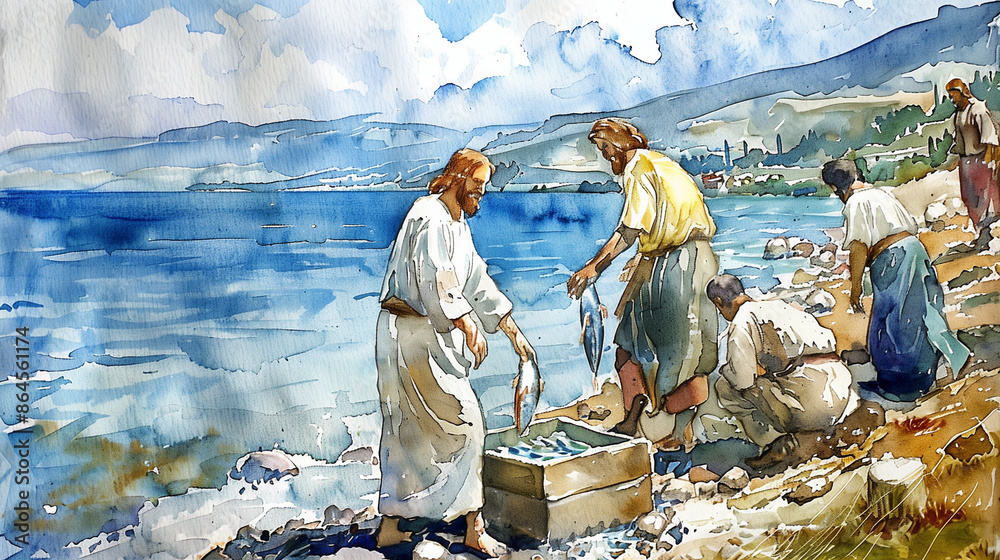 Jesus appearing by the Sea of Galilee, helping His disciples with a ...