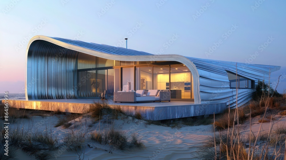 modernist beach house with wave-like aluminum siding, designed to ...