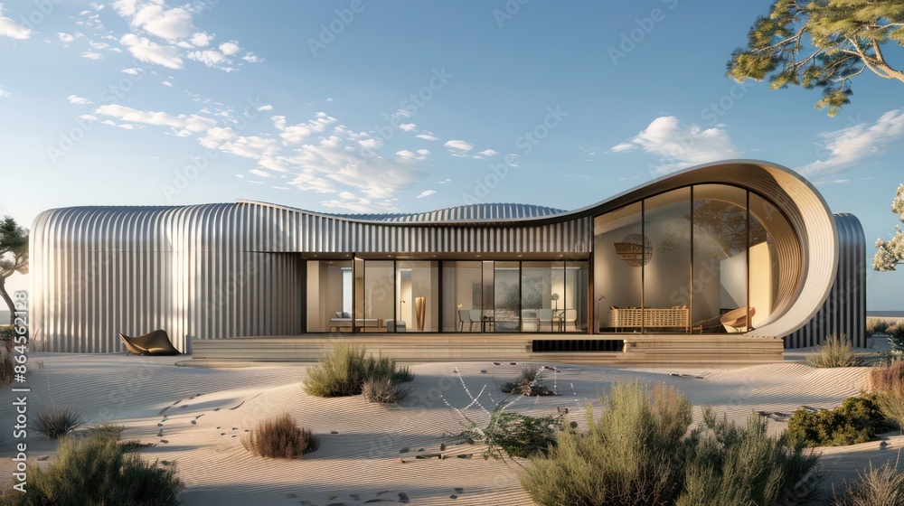 modernist beach house with wave-like aluminum siding, designed to ...