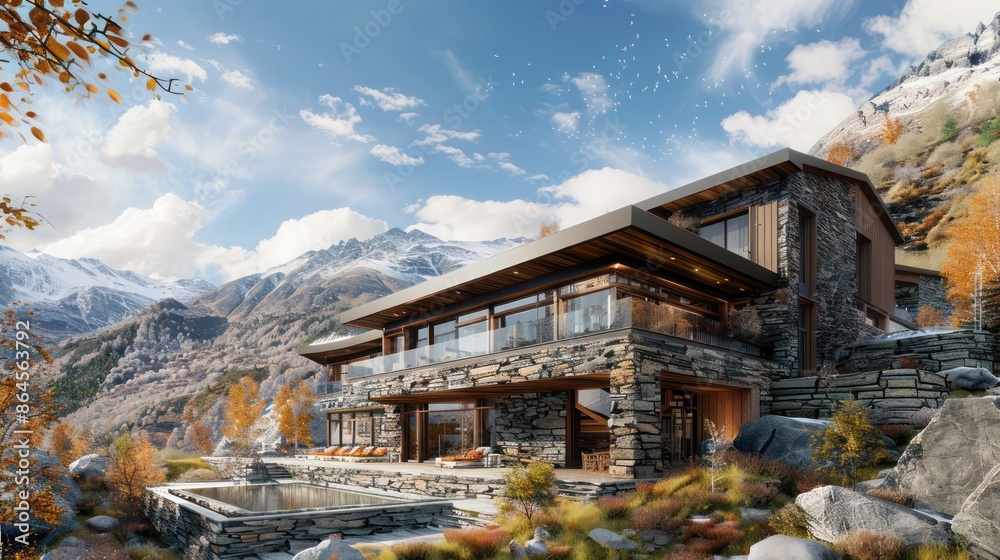 mountain resort designed with stone siding that echoes the geological ...
