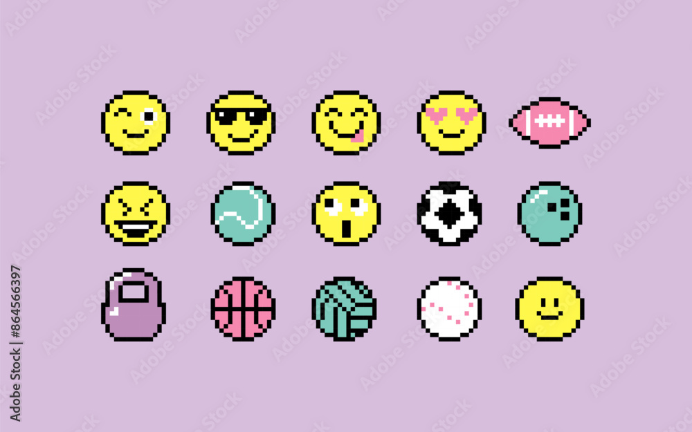 Play balls pixel art style set. Soccer, football, tennis, basketball ...