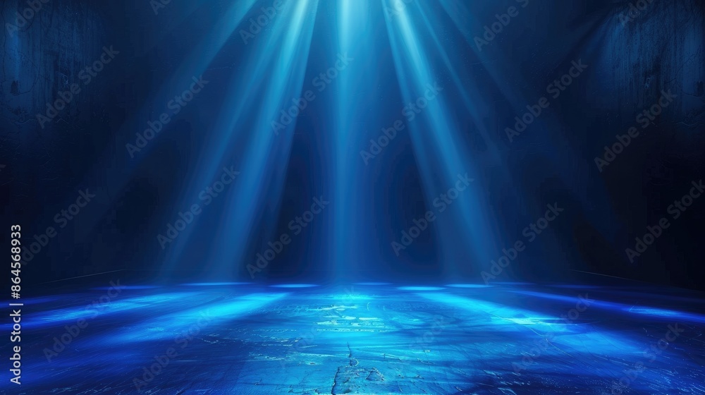 Dark blue background glowing light blue ray spotlight stage studio ...