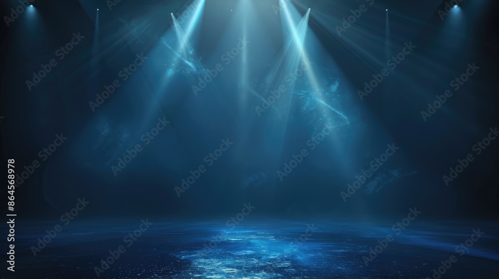 Dark blue background glowing light blue ray spotlight stage studio ...