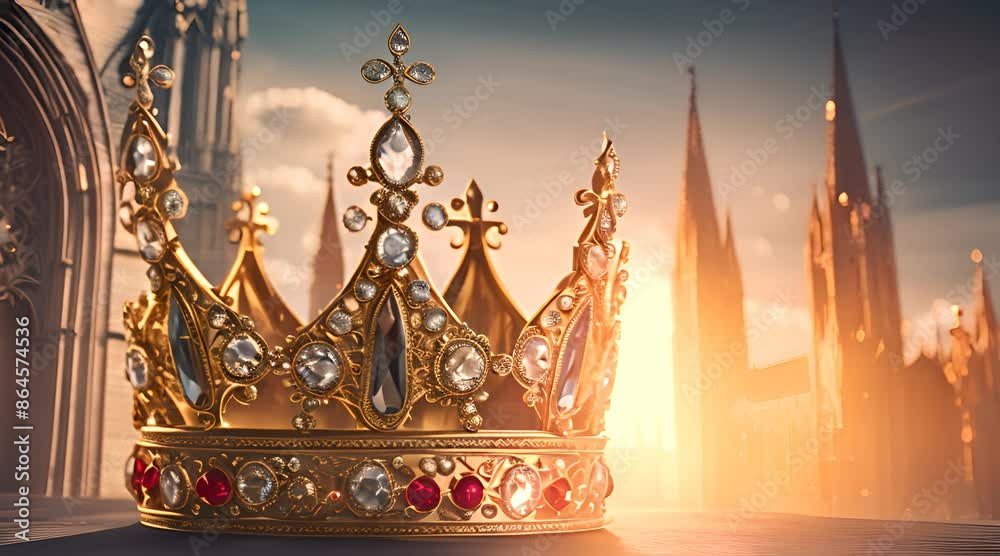 A gold royal king queen coronation crown with jewels and diamonds ...