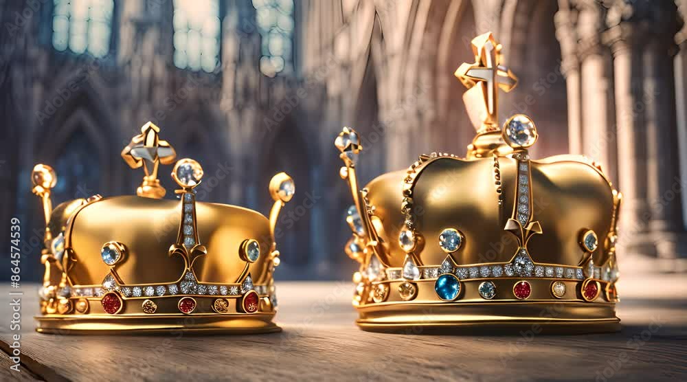 A gold royal king queen coronation crown with jewels and diamonds ...