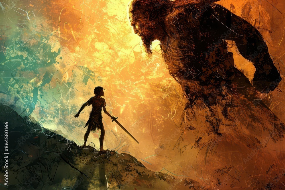 epic digital painting of david facing goliath dramatic lighting ...