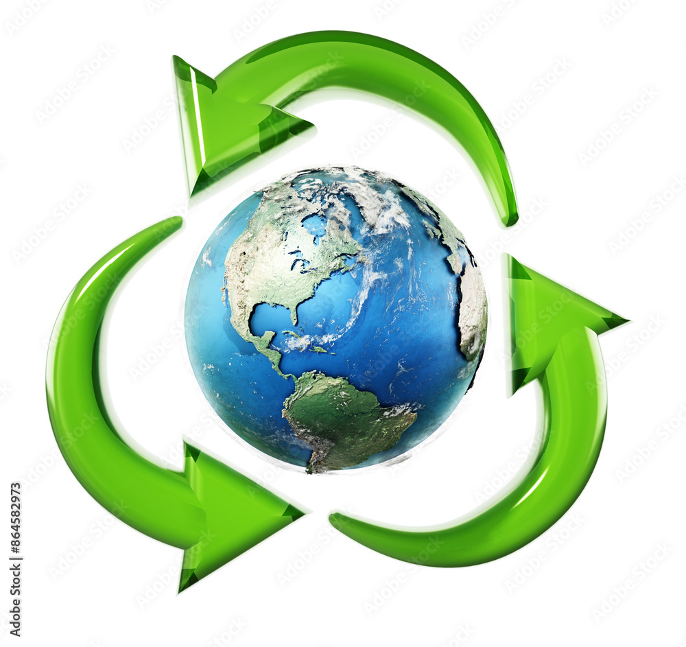 Turning green arrows around the earth form recycling symbol ...