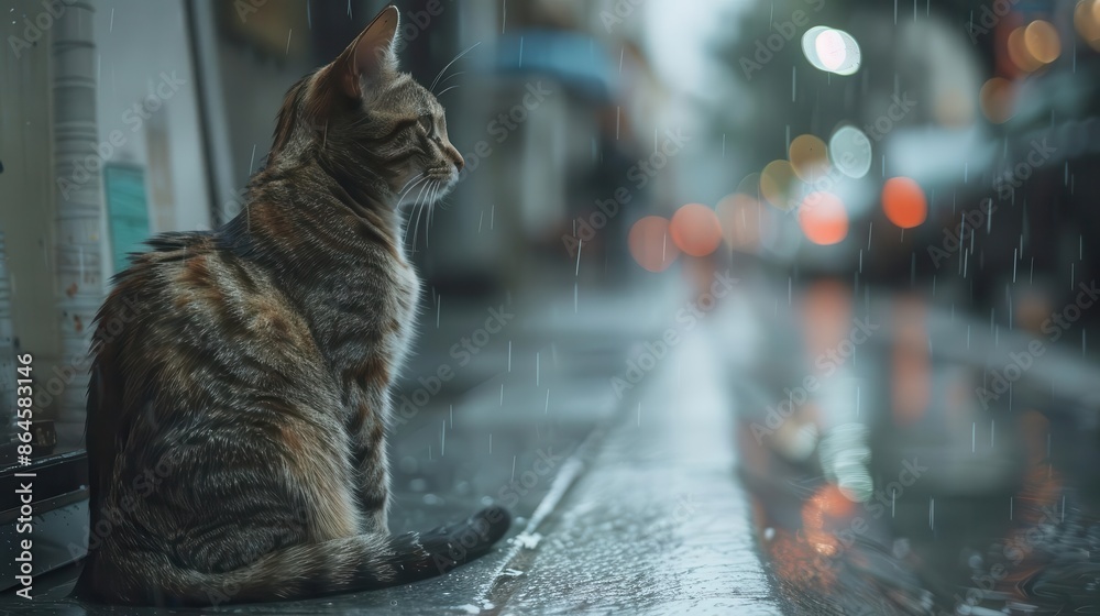 heartwrenching scene of lonely abandoned cat in rainy city street soft ...