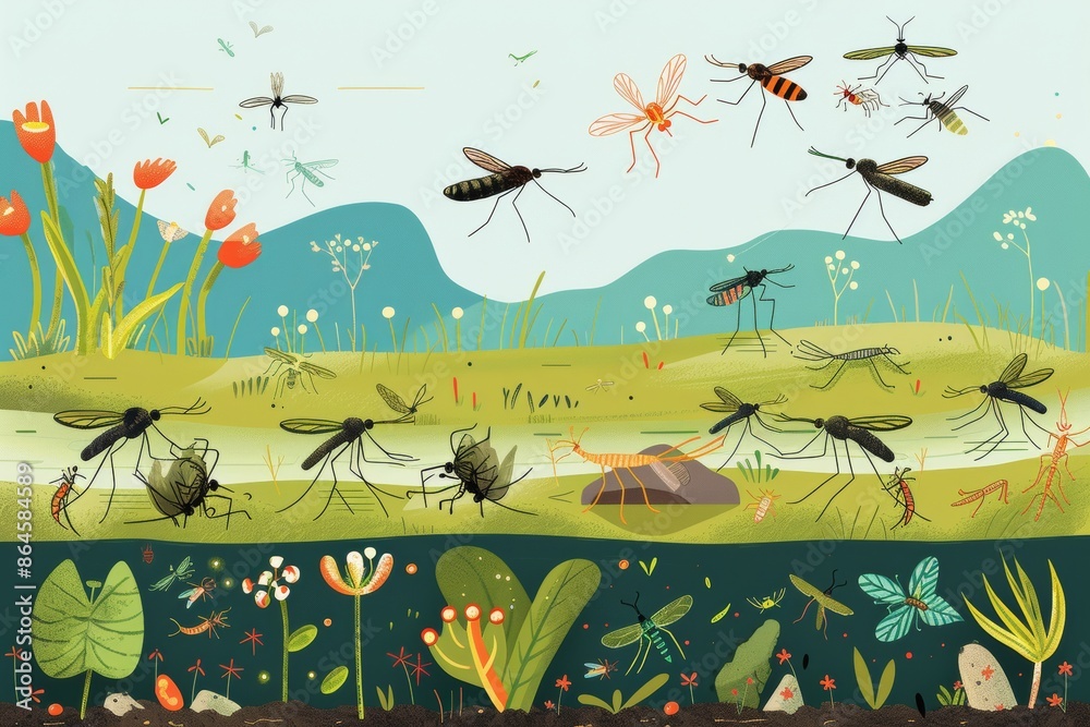 life cycle of mosquitoes, from larva to adult, in various habitats and ...