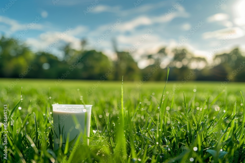 glass of plant based milk in green field on sunny day, showcasing ...
