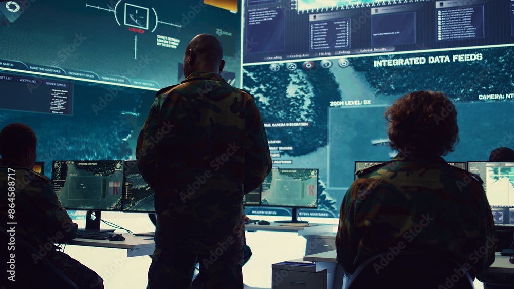 Commander and his crew operating radar systems via CCTV and satellite ...