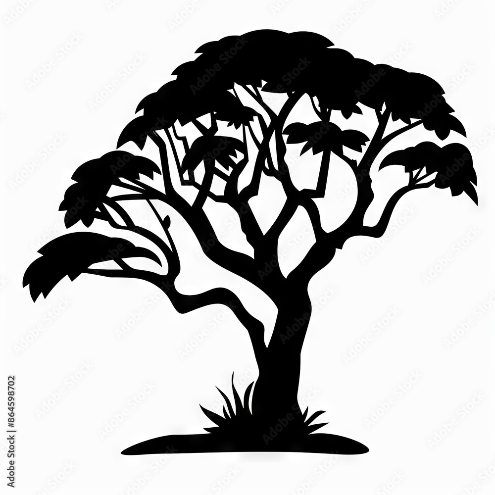 Simple vector graphic of an acacia tree in solid black on a white ...