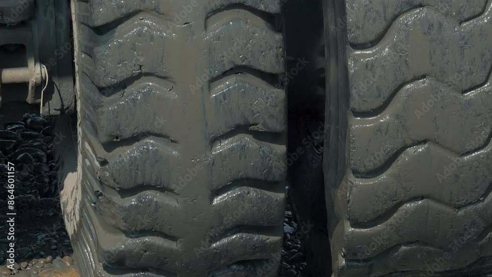 Close-up of heavy excavator tracks slowly moving through the mine ...