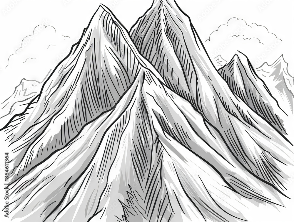 Simple line art drawing of mountains in a vector logo style with black ...