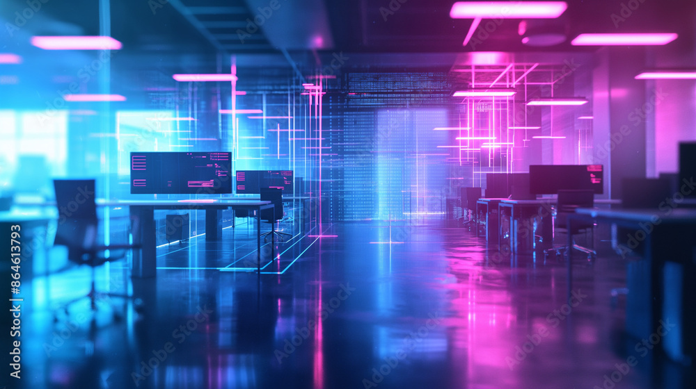 Foto de Modern neon cyberpunk open space office interior blurred with ...