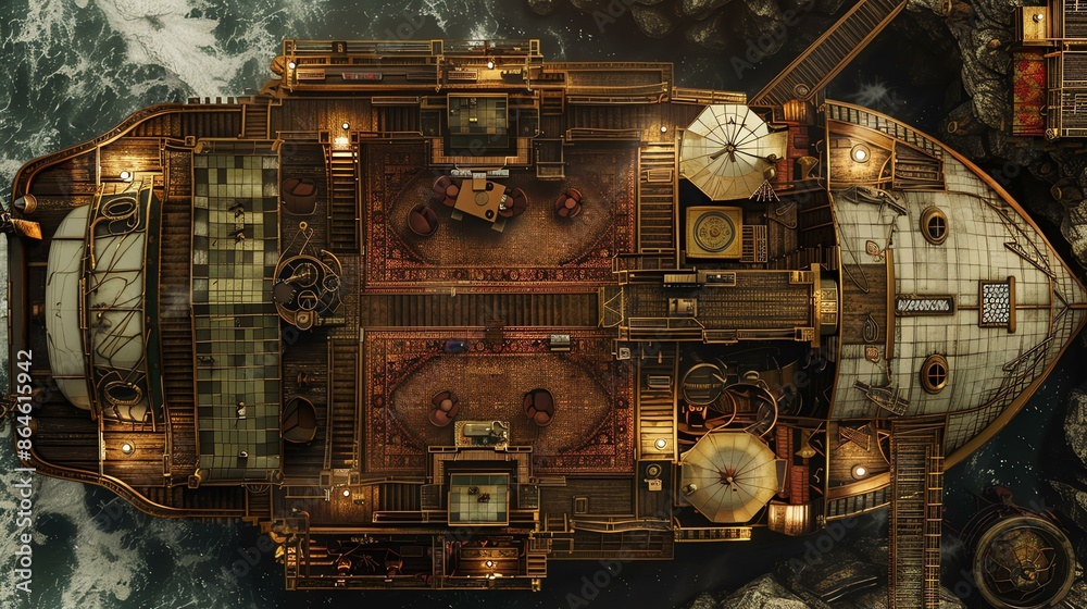 The image is a top-down view of a steampunk airship. The airship is ...