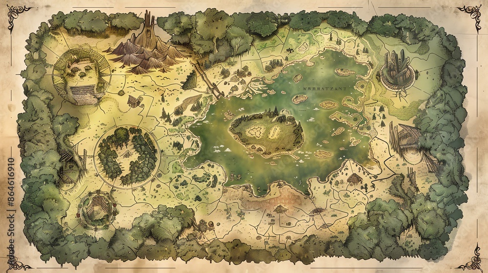An illustration of a fantasy map. The map is mostly green, with some ...
