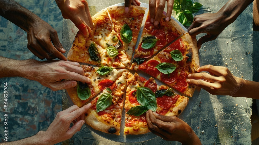 Diverse people hands reaching for a mixed topping pizza on a flour ...