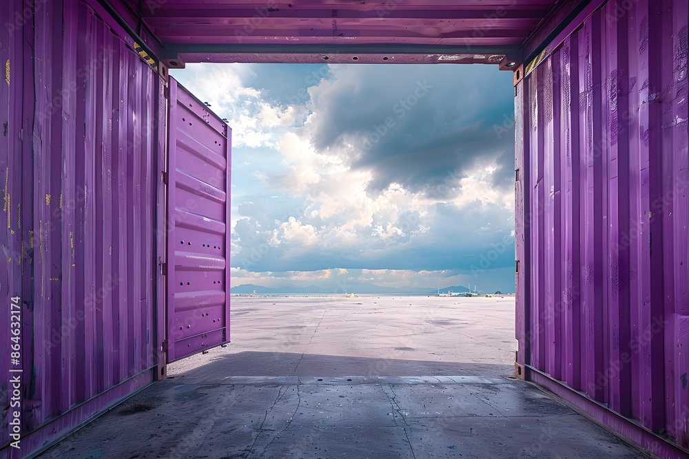 Purple shipping container with open doors against a backdrop of a ...