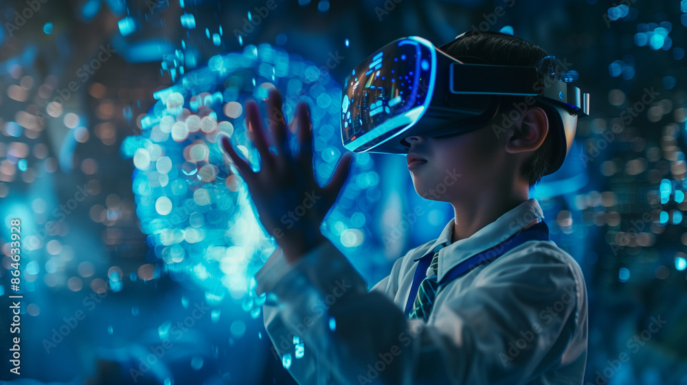 School student with VR headset using AI artificial intelligence ...