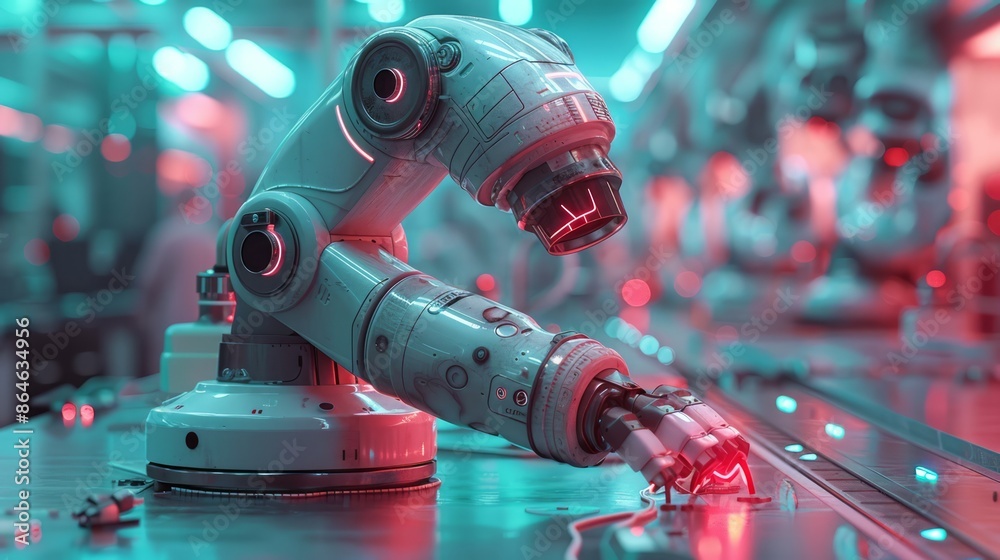 A futuristic scene of an AI-powered robotic arm aiding a surgical team ...