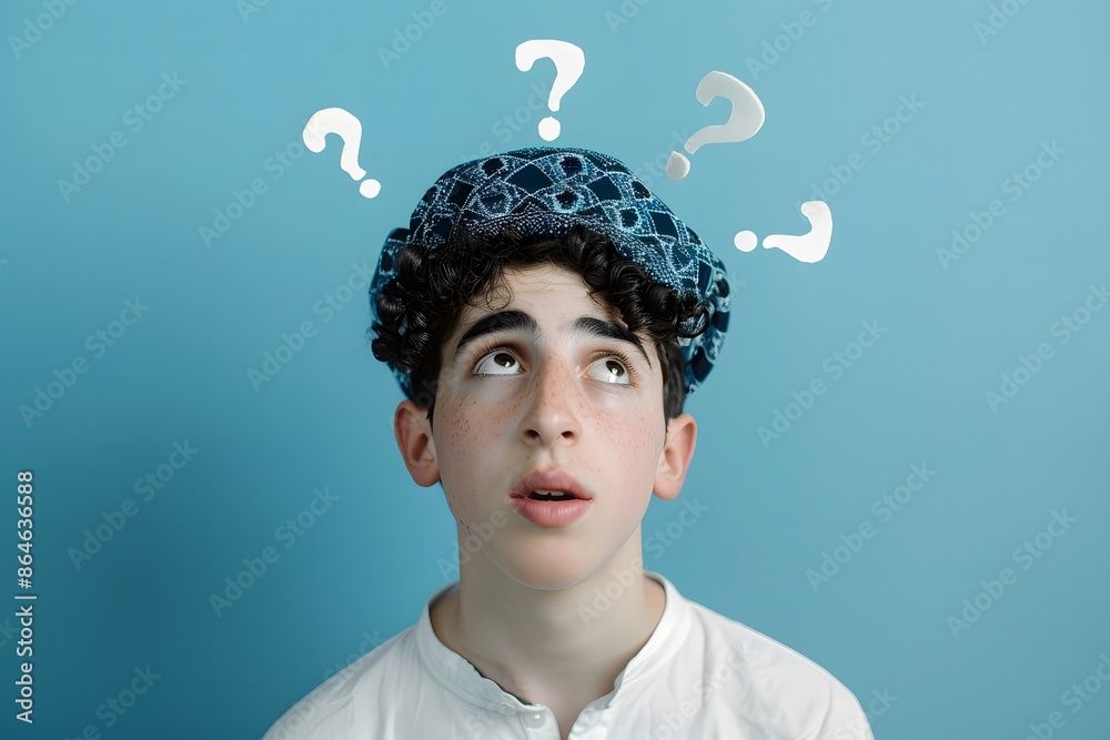 Foto de Young jewish man Thinking with Question Marks Above his Head on ...