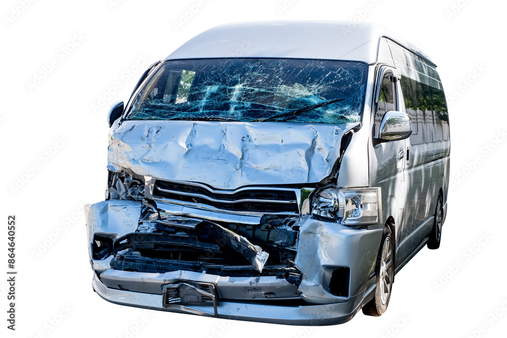 Front and side of white car get damaged by accident on the road ...