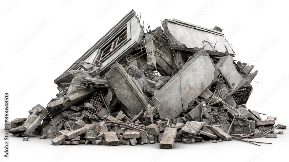 side view on collapsed and destroyed remains of wrecked building on ...